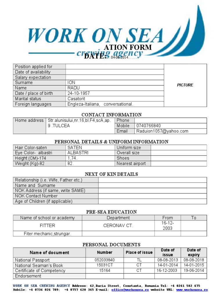 Maritime Job Application Form | PDF