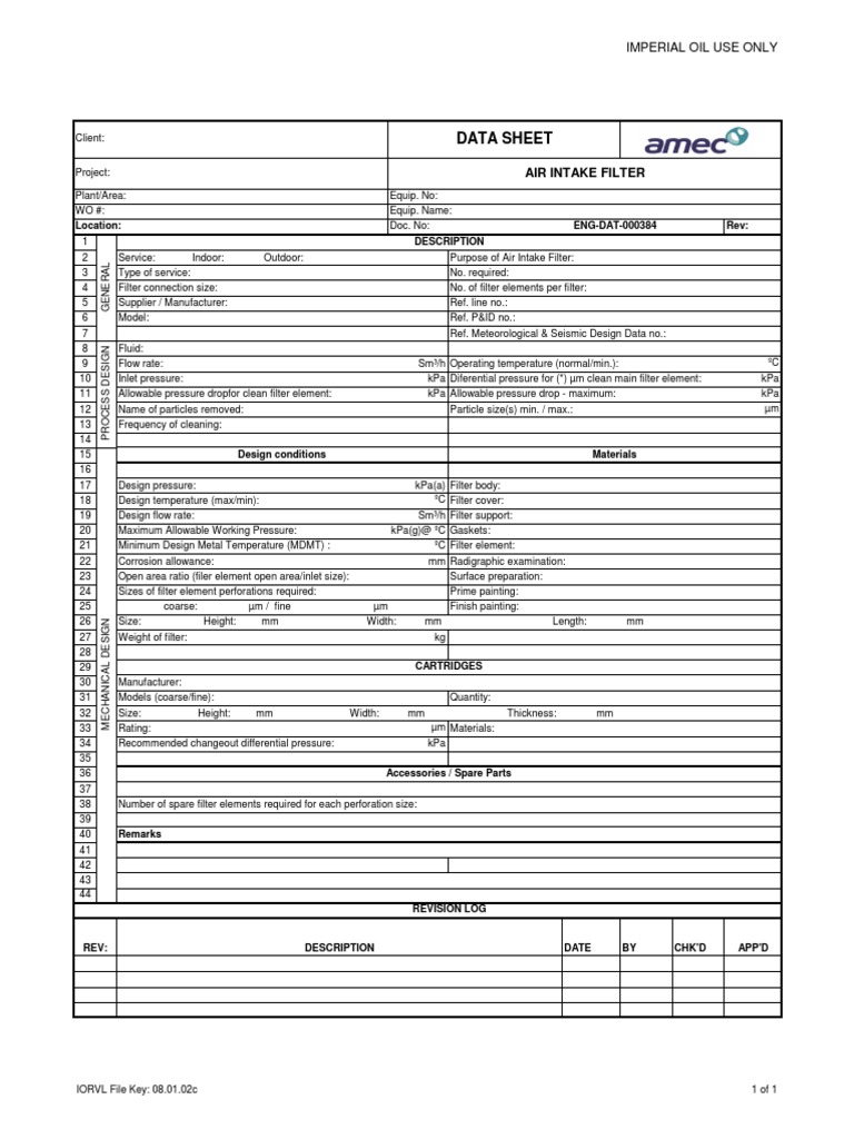 Air Intake Filter Data Sheet | PDF | Technology & Engineering