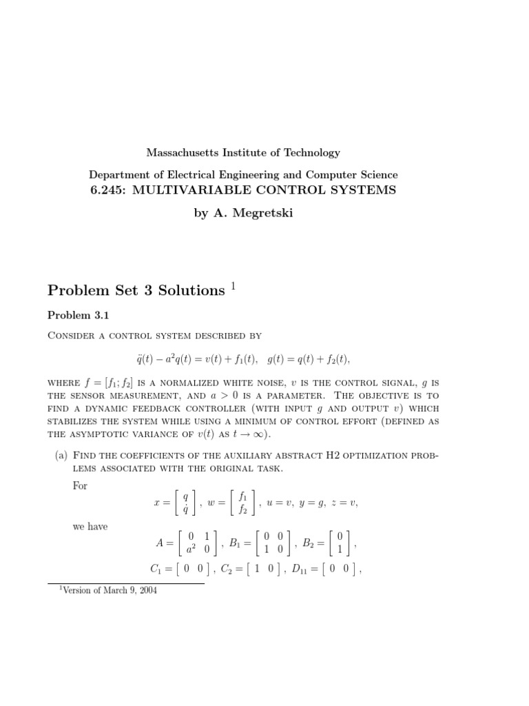 Problem Set 3 Solutions: 6.245: Multivariable Control Systems by A. Megretski | PDF ...