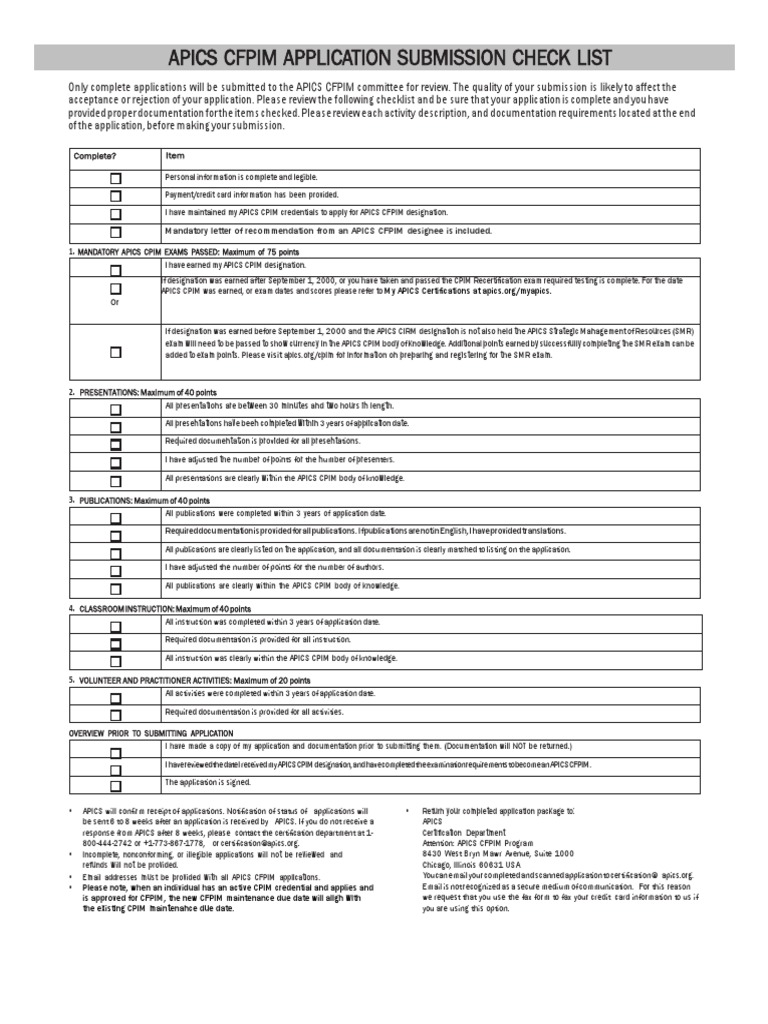 Apics Cfpim Application Submission Check List | PDF | Cheque | Money Order
