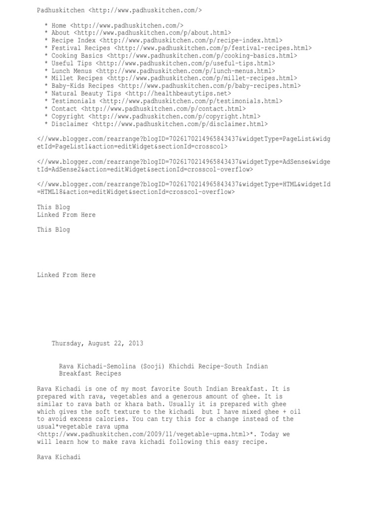 Rava Kichadi-Semolina (Sooji) Khichdi Recipe-South Indian Breakfast Recipes - Padhuskitchen ...