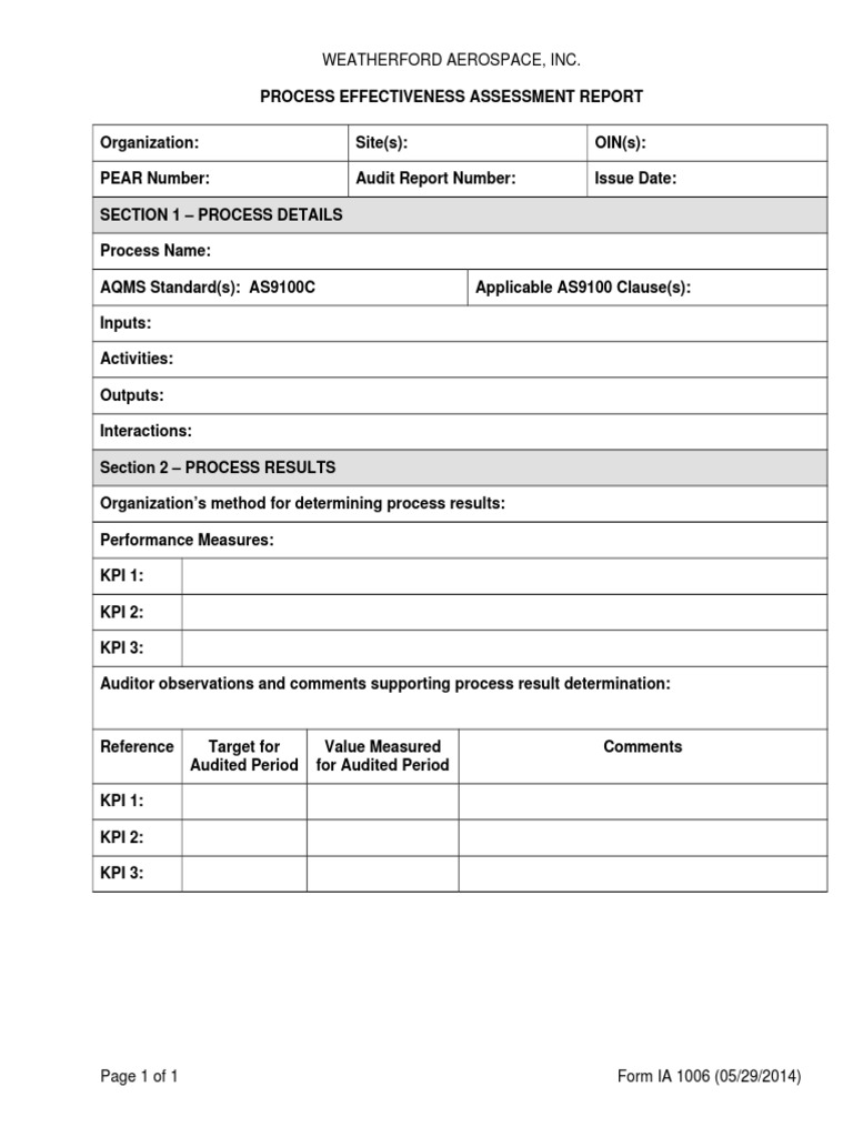 Process Effectiveness Assessment Report (PEAR) Form For Weatherford ...