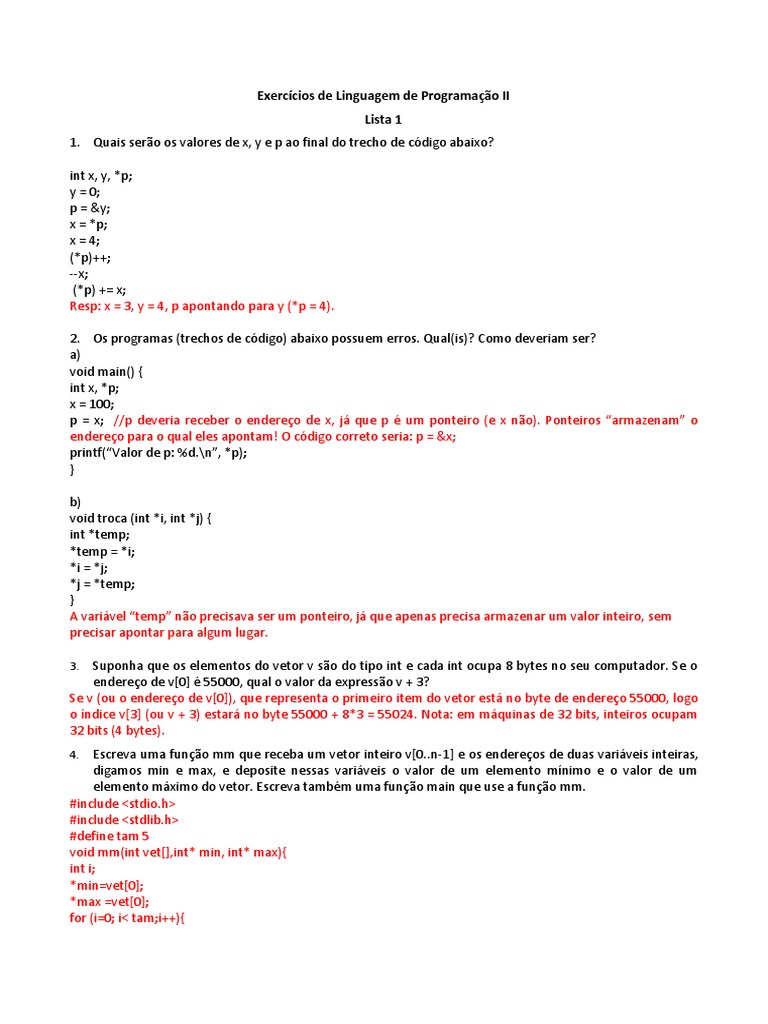 Lista I Resolução | PDF | C (linguagem de programação) | Ponteiro ...