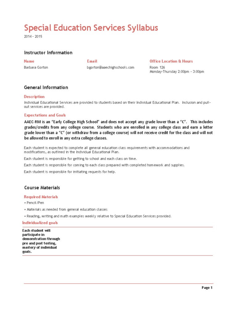 Special Education Services Syllabus 2014-15 | PDF | Special Education ...