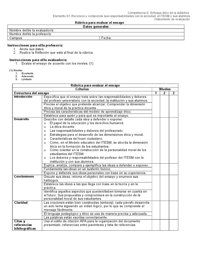 Rúbrica Para Evaluar Ensayo Puro o Expositivo | Ensayos | Rúbrica ...