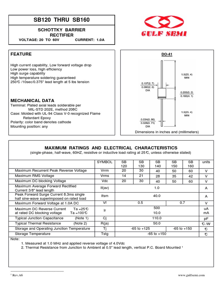 SB120 THRU SB160: Schottky Barrier Rectifier | PDF