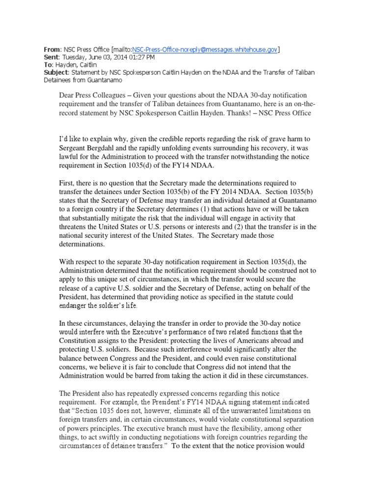 NSC Statement On 30 Day Transfer Notice Requirement in 2014 NDAA | PDF ...