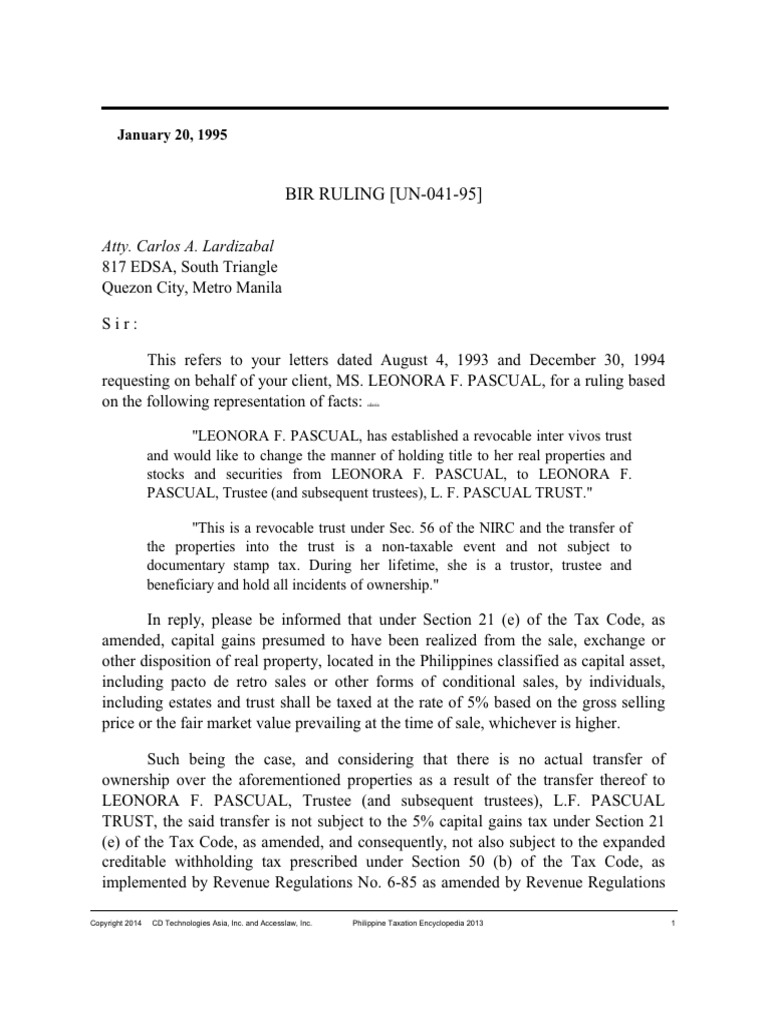 Bir Ruling Un 041 95 | Trust Law | Taxes