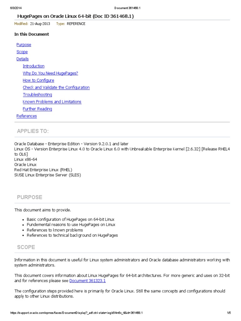 Linux 64 Bit Huge Pages Document 361468 | Oracle Database | 64 Bit ...