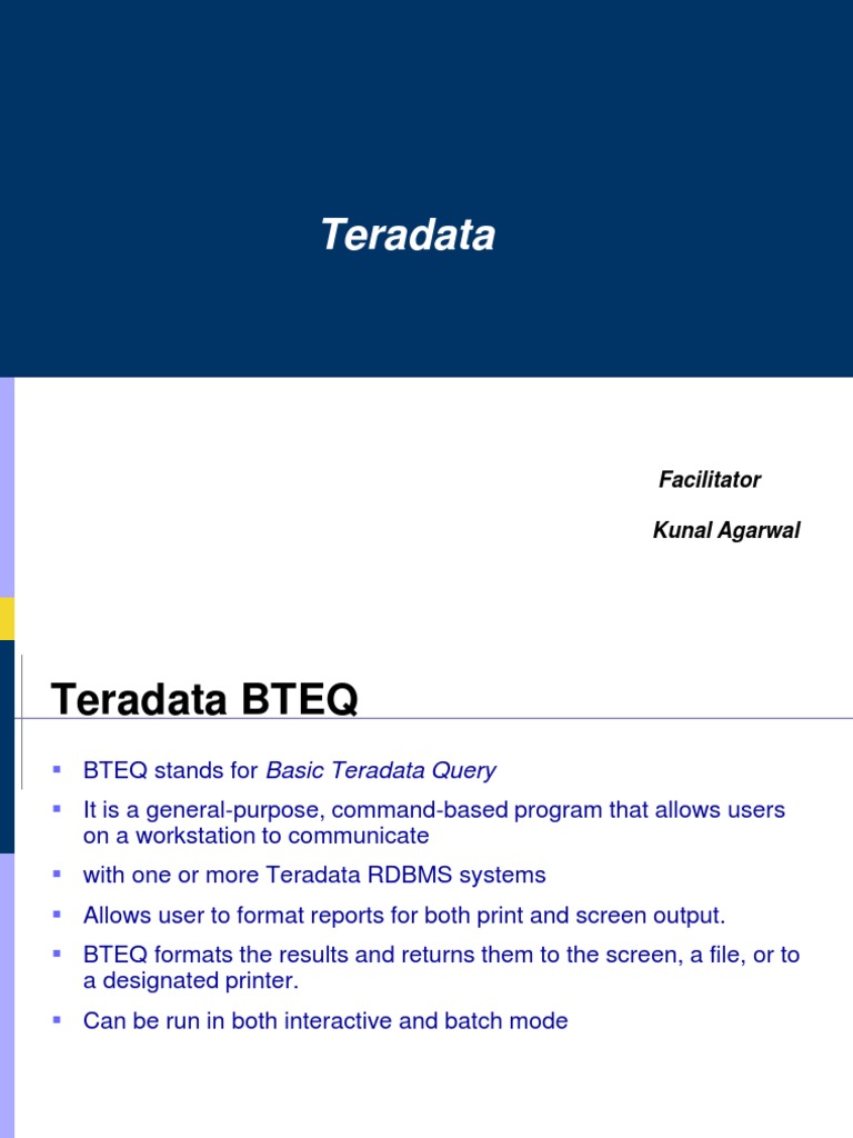 Teradata Bteq, Mload, Fload, Fexport, Tpump and Sampling | PDF | Sql ...