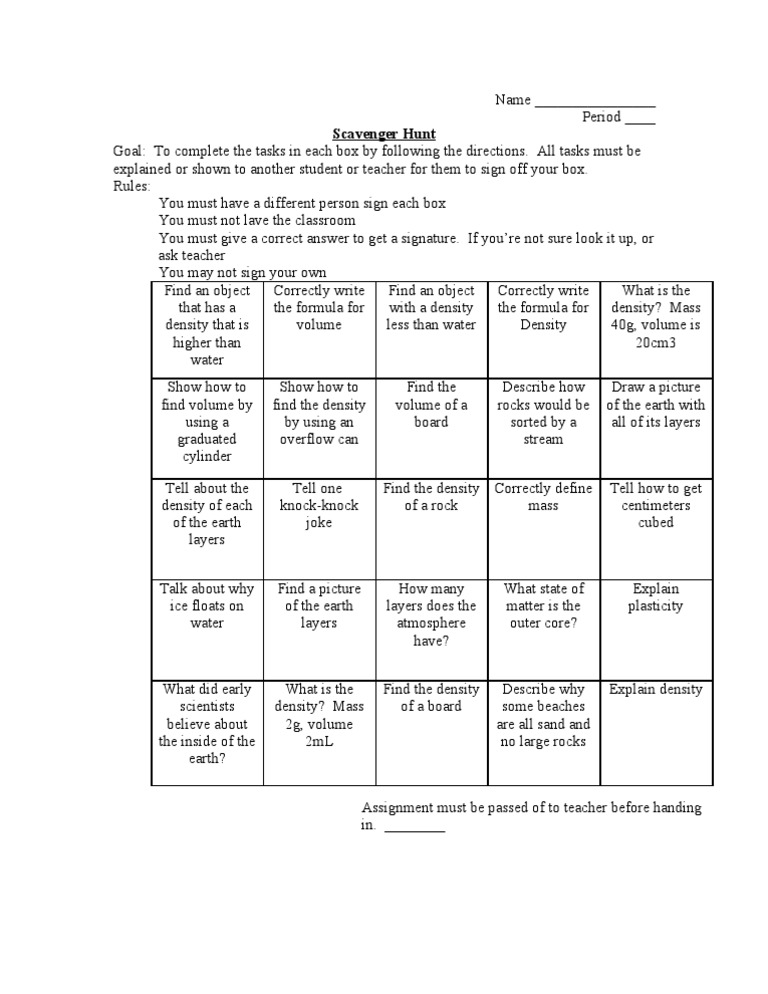 Density Scavenger Hunt | PDF | Density | Volume