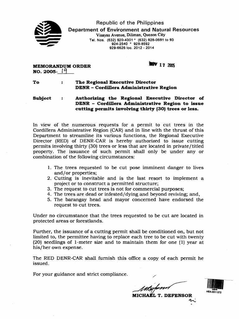 DENR Memorandum No-2005-19. - Cutting Permit in Private Lands | PDF