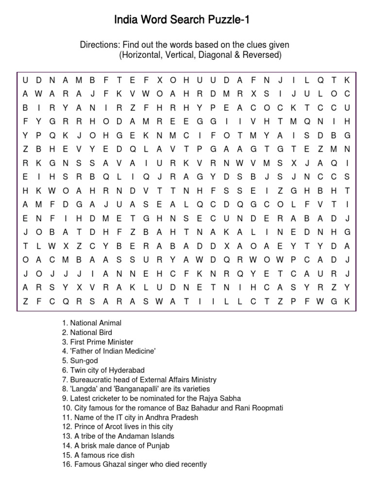 India Word Search Puzzle-1 | PDF | Language Arts & Discipline ...
