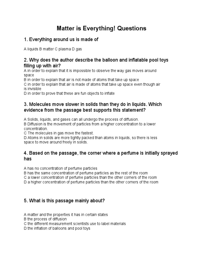 Science Quiz on Matter Basics | PDF | Science & Mathematics