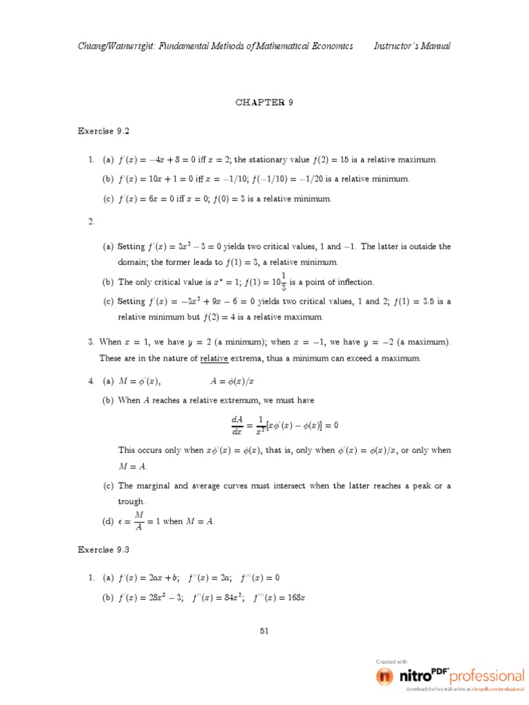 Chapter 9 Solutions For Fundamental Methods of Mathematical Economics ...
