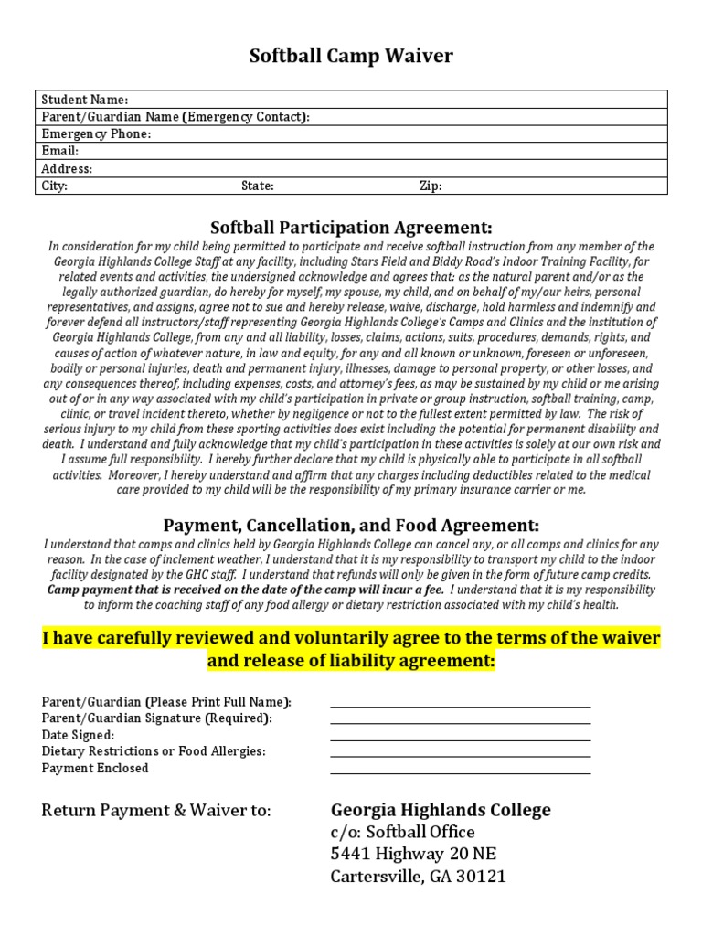 Softball Camp Waiver | PDF | Government Information | Government
