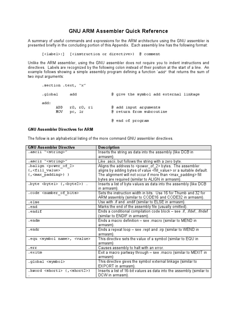 GNU ARM Assembler Quick Reference | PDF | Assembly Language | Arm ... GNU ARM Assembler Quick Reference | PDF | Assembly Language | Arm ...