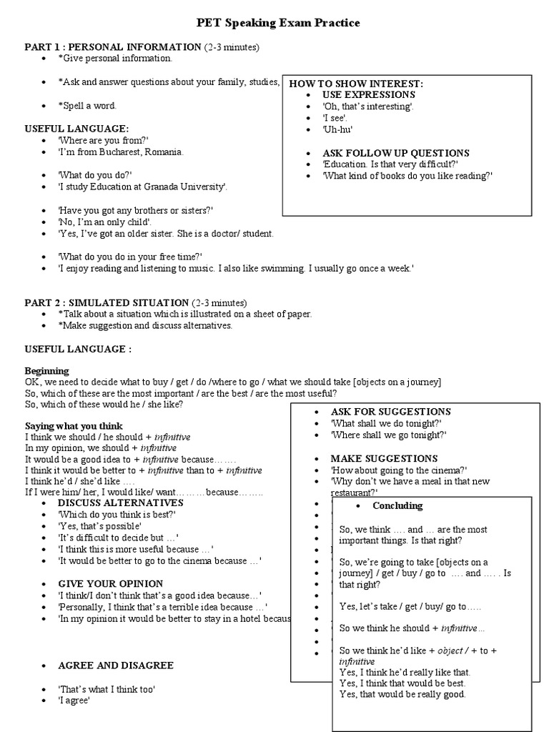 PET Speaking Exam Practice Final Ho | PDF | Syntax | Language Mechanics