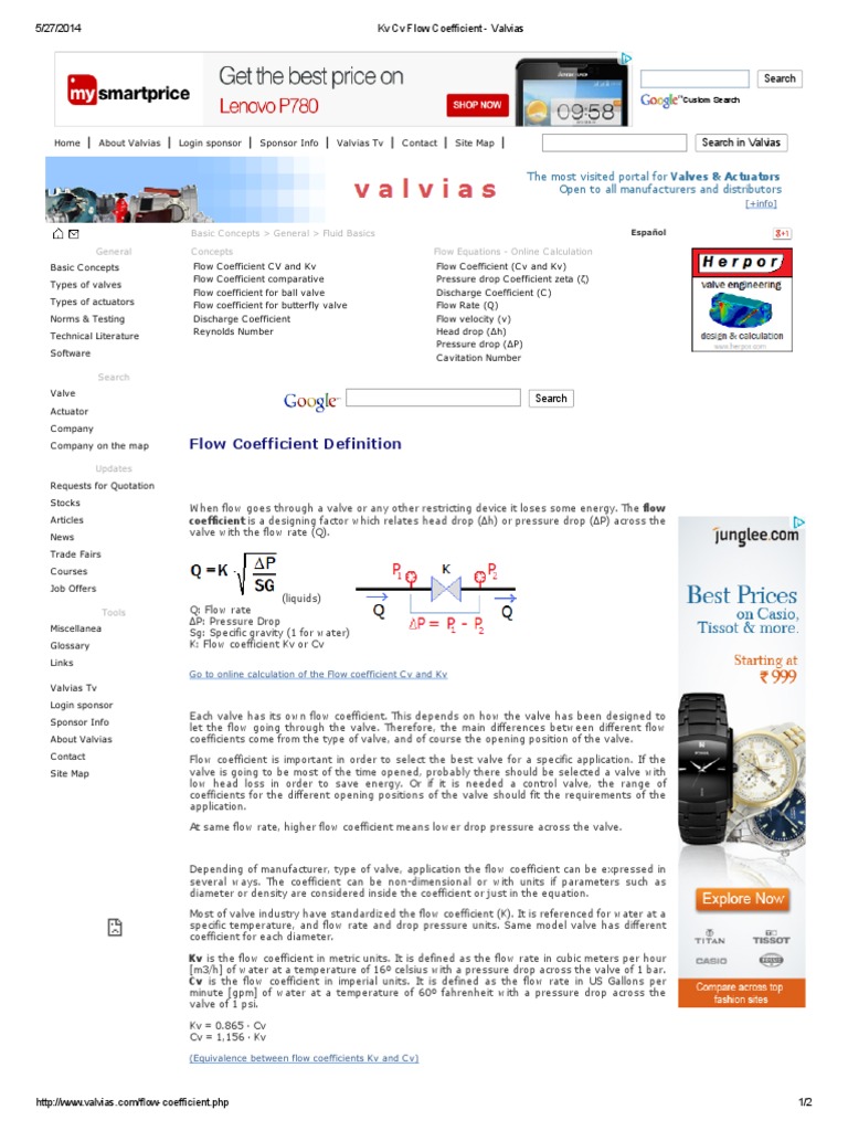 KV CV Flow Coefficient - Valvias | PDF | Fluid Dynamics | Flow Measurement