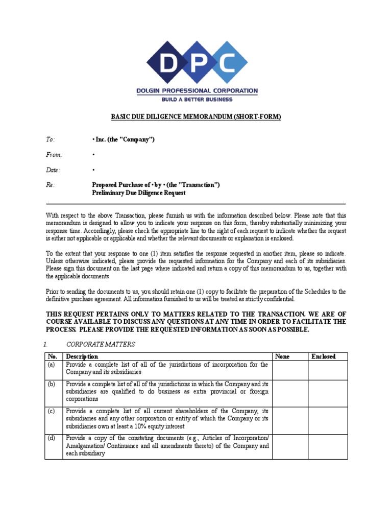 Sample Due Diligence Memo | PDF | Subsidiary | Financial Statement
