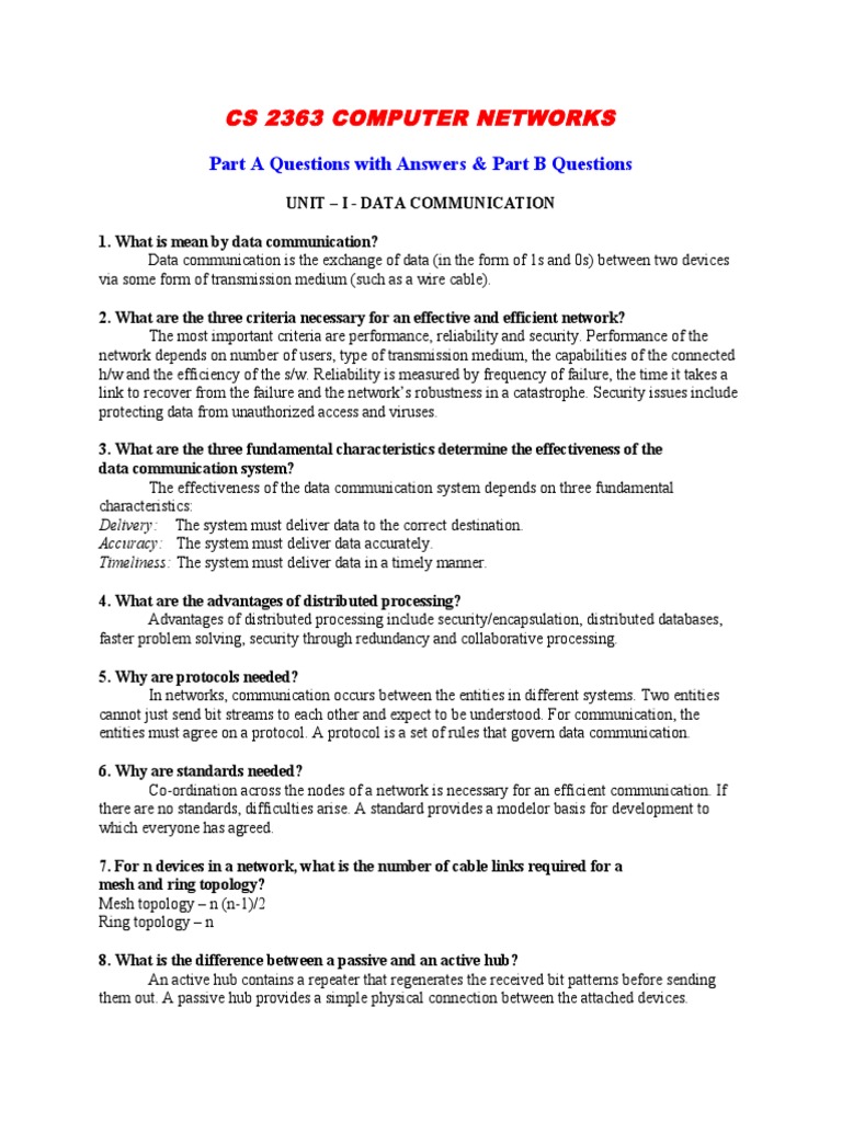 Cs 2363 Computer Networks: Part A Questions With Answers & Part B Questions | PDF | Web Server ...