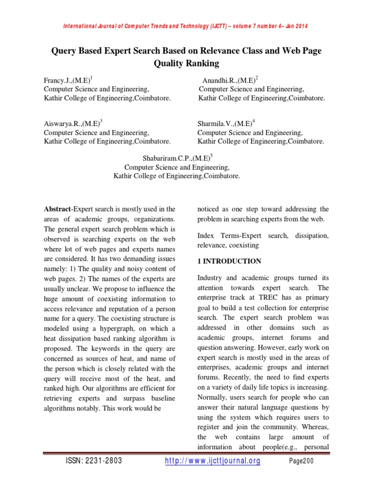 Query Based Expert Search Based On Relevance Class and Web Page Quality ...