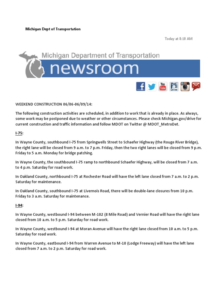 Michigan Weekend Construction Updates | PDF | Road | Infrastructure