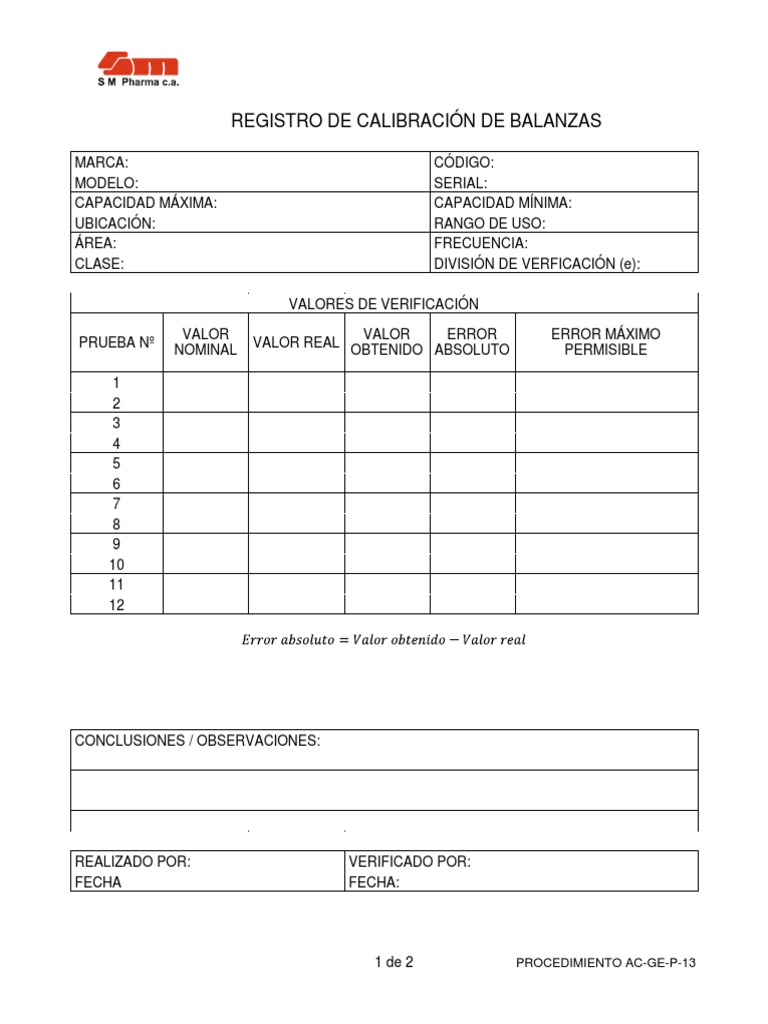 Registro de Calibración de Balanzas | PDF