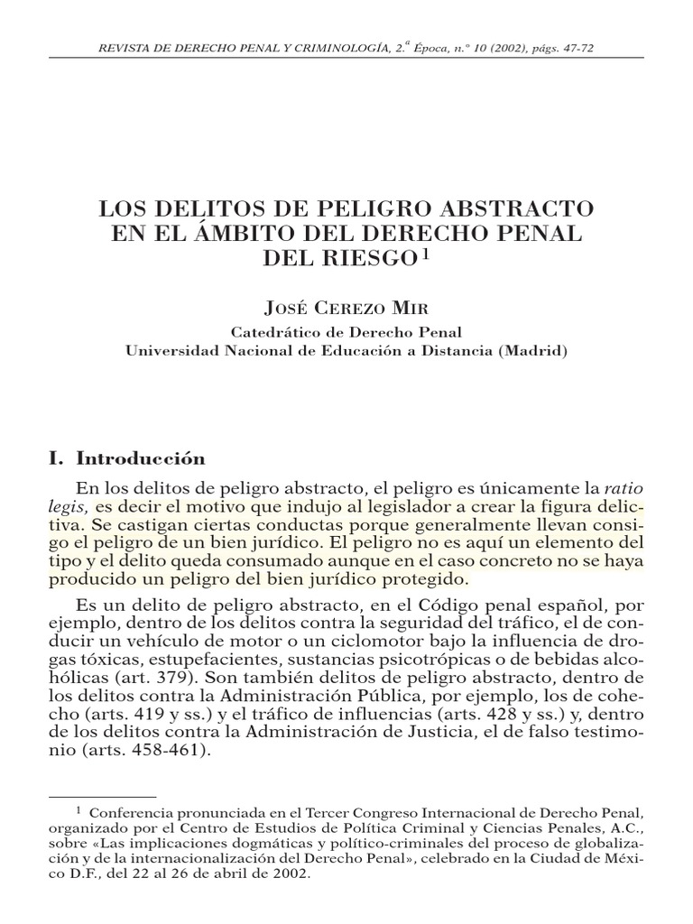 José Cerezo Mir - Los Delitos de Peligro Abstracto en Él Ambito Del Derecho Penal Del Riesgo ...