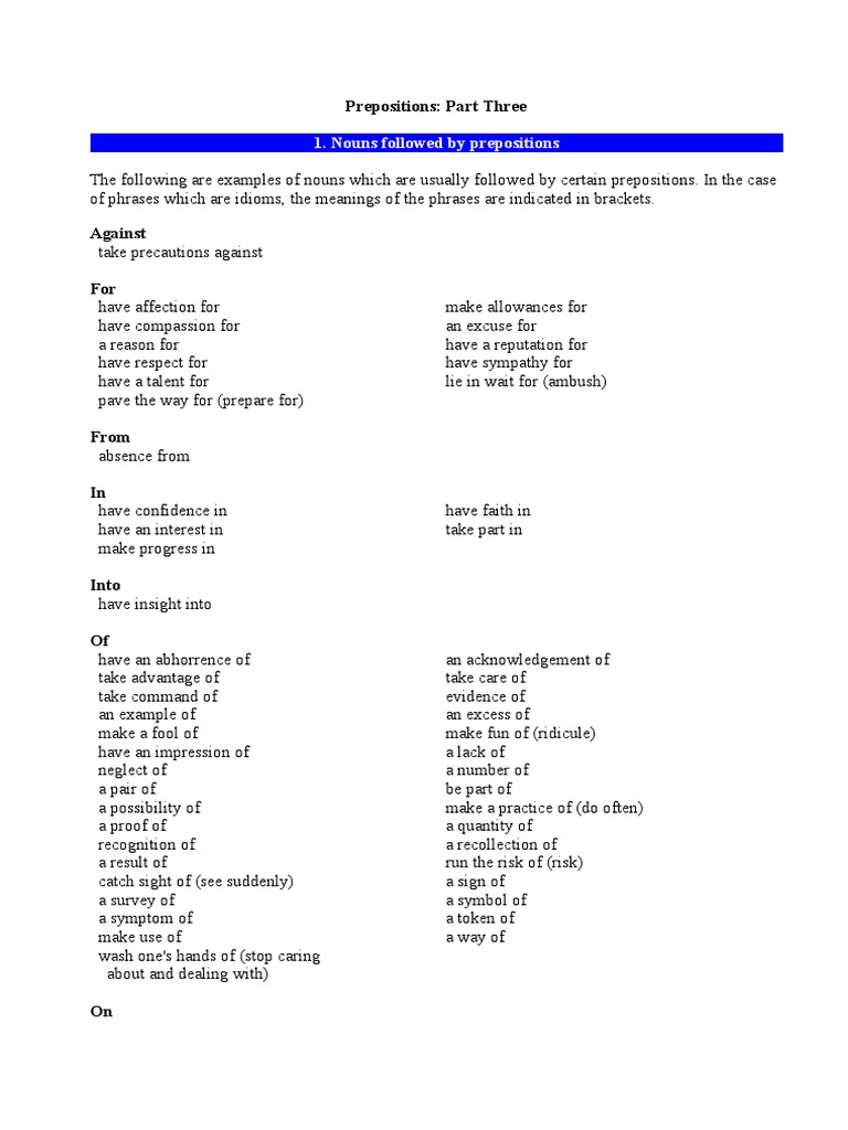 Prepositions With Nouns, Adjectives and Verbs | PDF | Preposition And Postposition | Adjective