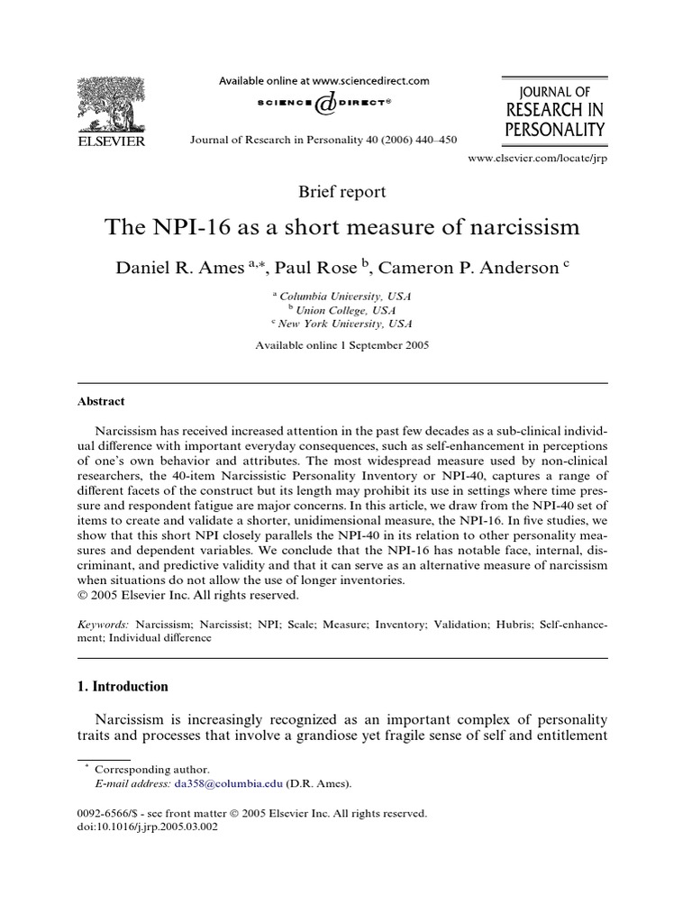 Ames, Rose, & Anderson, 2006 - NPI16 | PDF | Narcissism | Validity ...