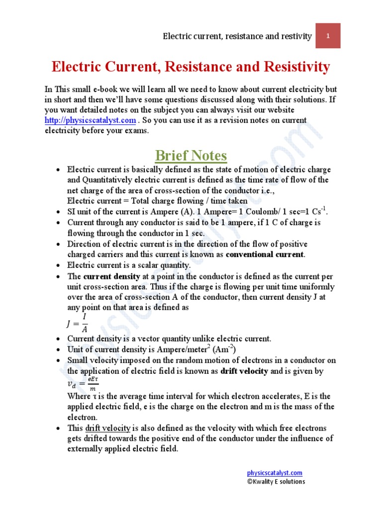 Electric Current, Resistance and Resistivity | PDF | Series And ...