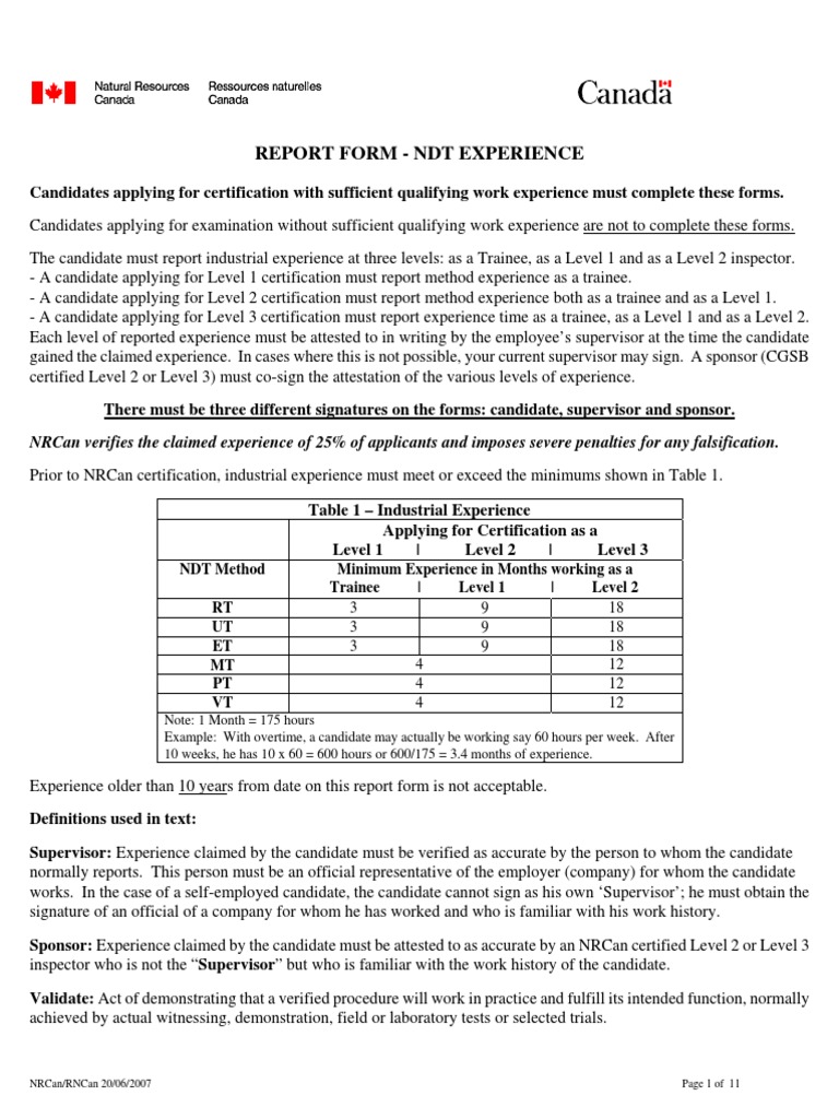REPORT FORM - NDT EXPERIENCE | Nondestructive Testing | Specification ...