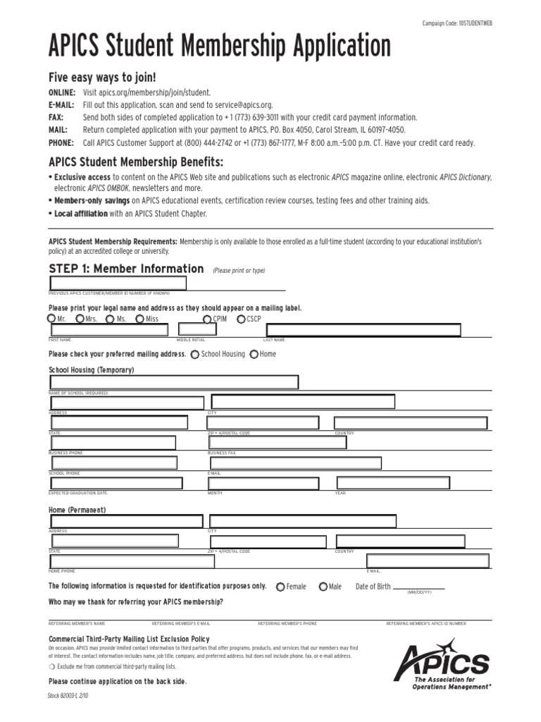 APICS Student Application | Zip Code | Cheque