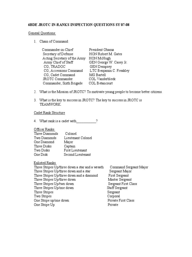 6bde Jrotc In-Raks Inspection Questions | PDF | Lieutenant Colonel ...