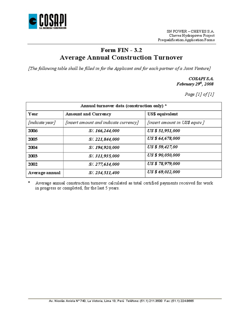 Average Annual Construction Turnover: Form FIN - 3.2 | PDF | Finance ...