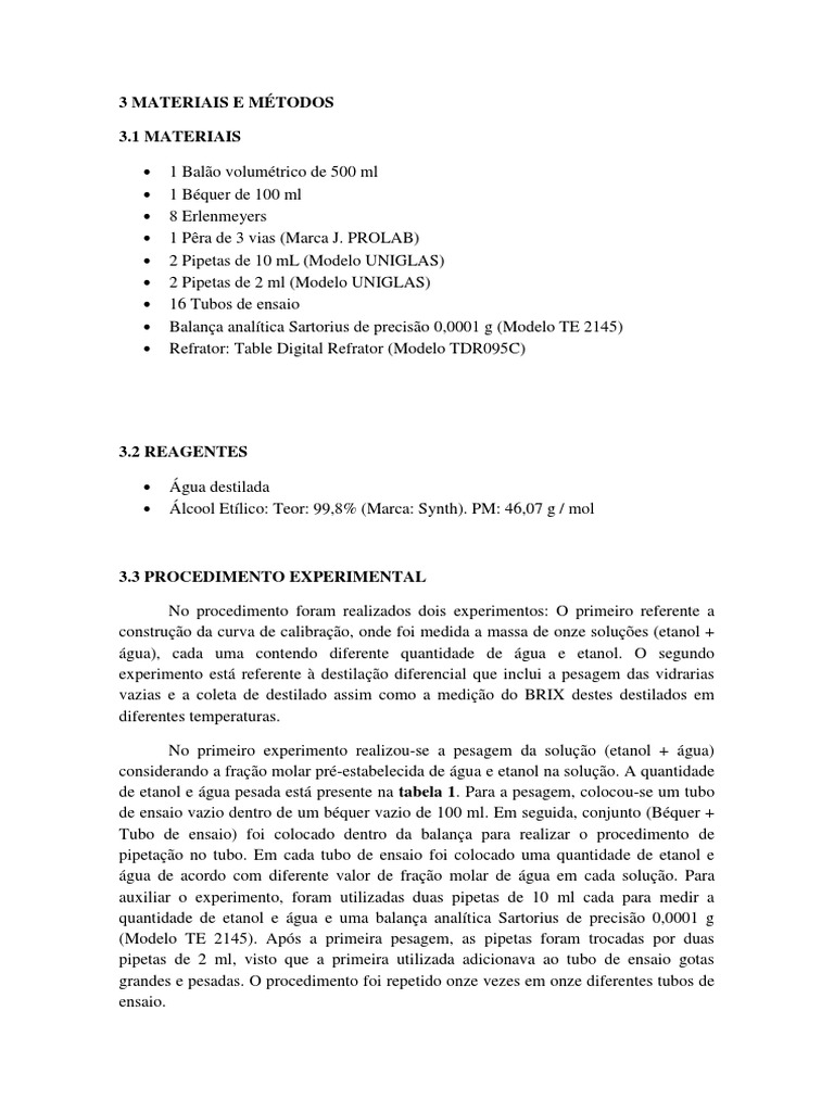 Procedimentos Experimentais com Etanol | PDF | Solução | Física