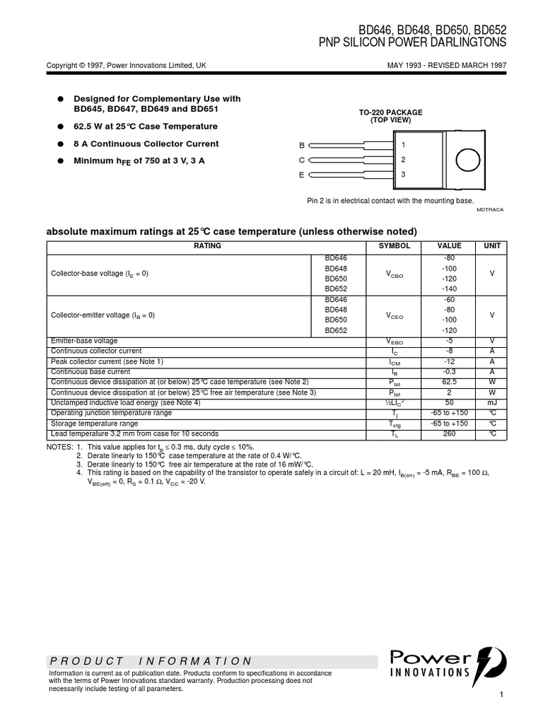 BD646, BD648, BD650, BD652 | PDF | Bipolar Junction Transistor | Patent