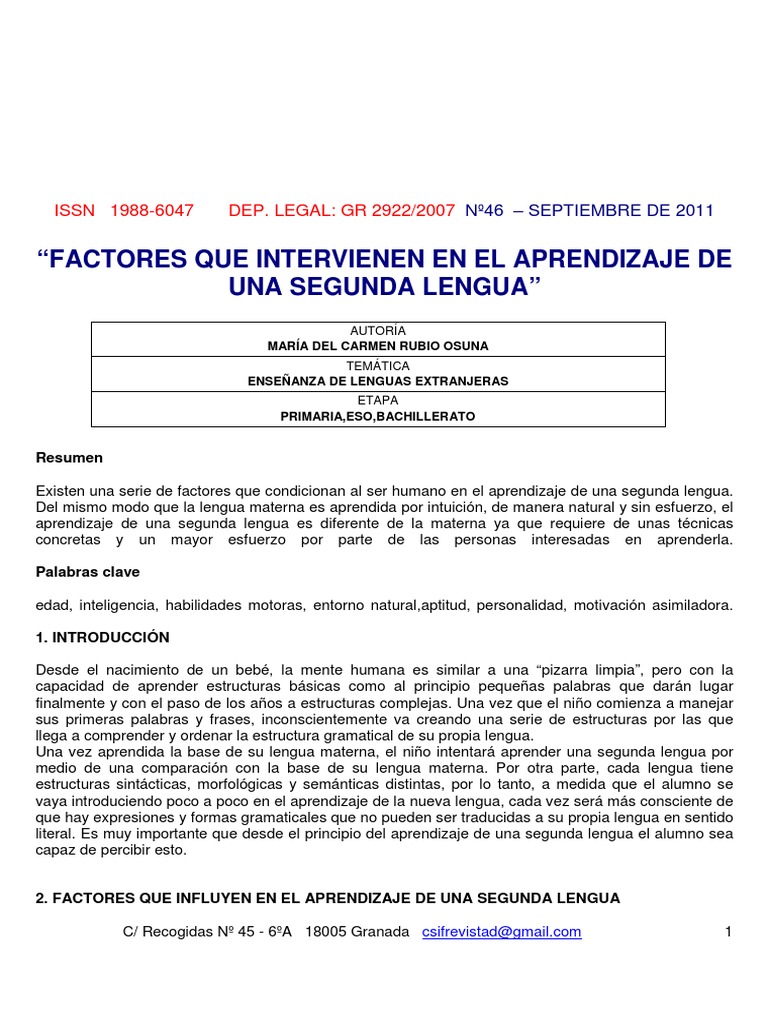 Factores Que Intervienen en El Aprendizaje de Una Segunda Lengua | PDF ...