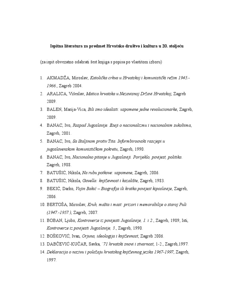 Ispitna Literatura HRV - Dr.u 20 | PDF