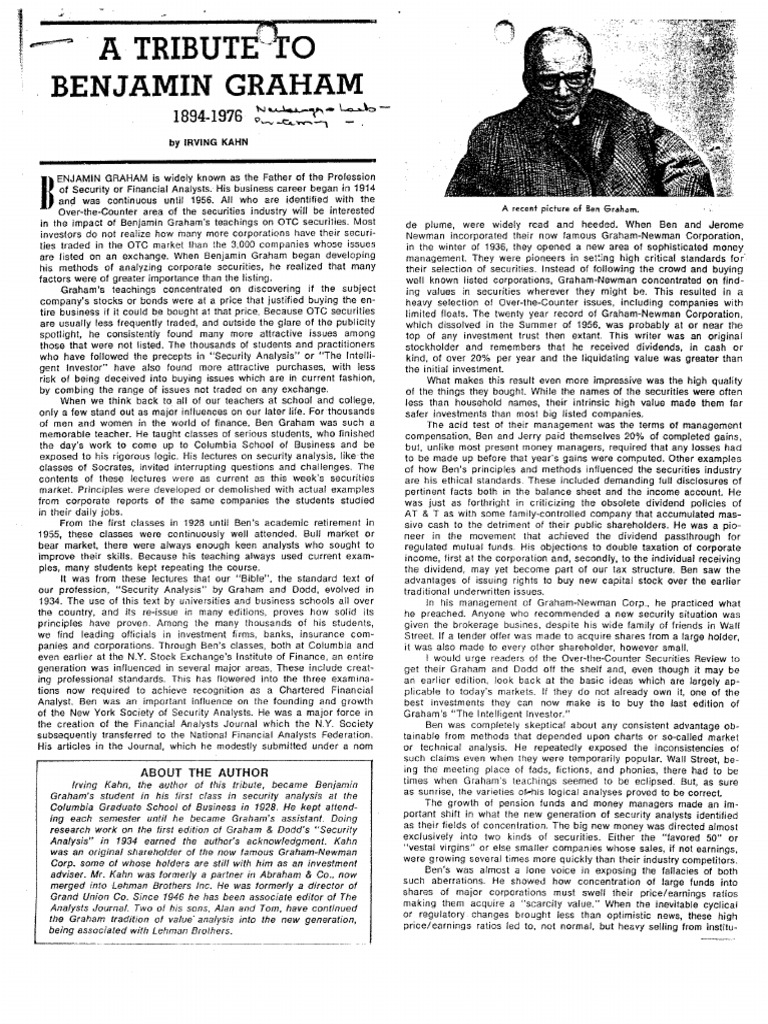 A Tribute To Benjamin Graham by Irving Kahn | PDF | Benjamin Graham | Dividend