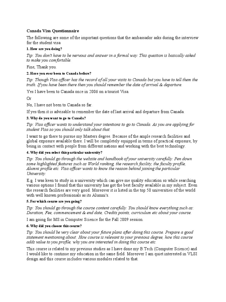 Canada Visa Questionnaire the Following Are Some of the Important ...