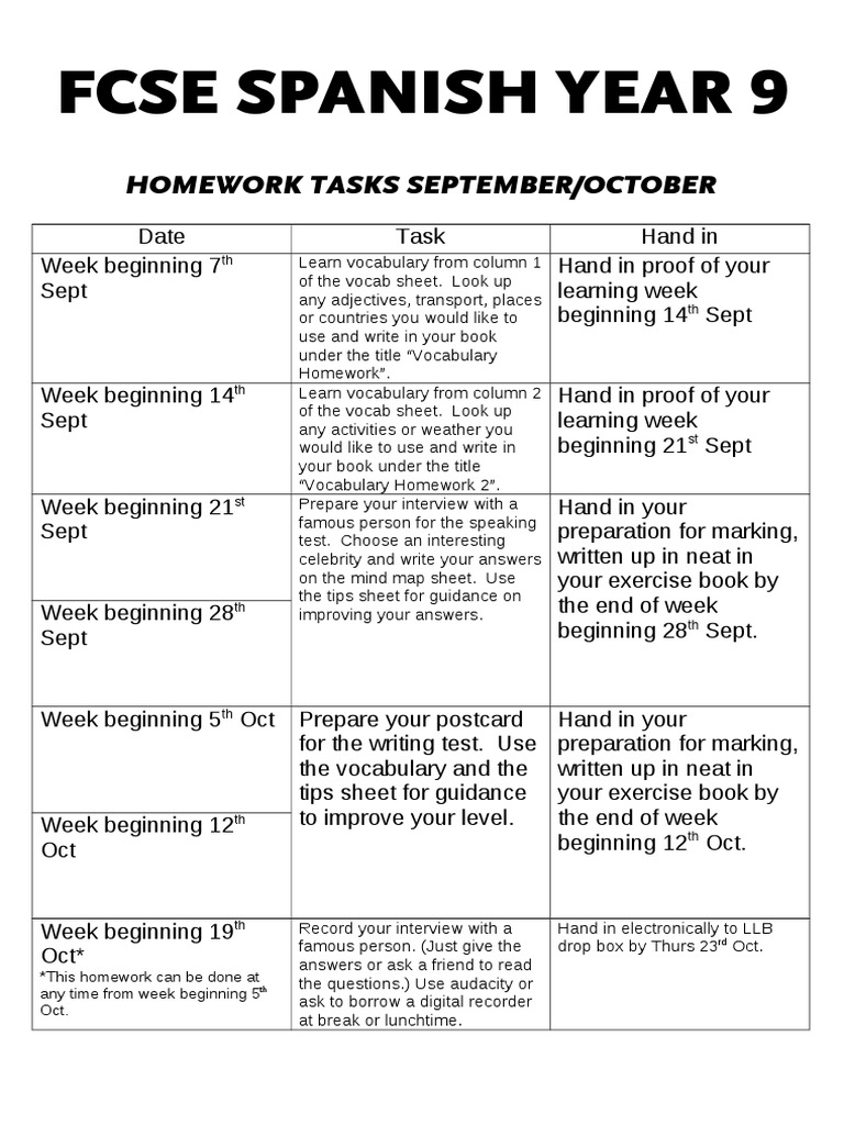 Fcse Spanish Year 9: Homework Tasks September/October | PDF | Cognitive ...