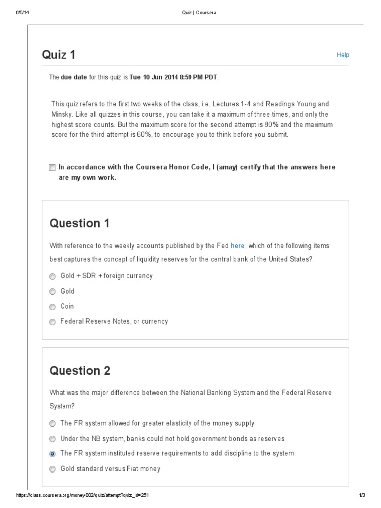 Quiz - Coursera | PDF | Banks | Federal Reserve System