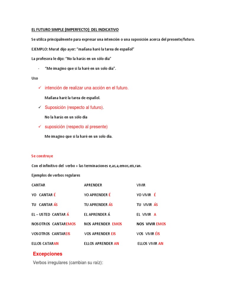El Futuro Simple o Imperfecto - Clases Español | PDF | Verbo | Cerebro