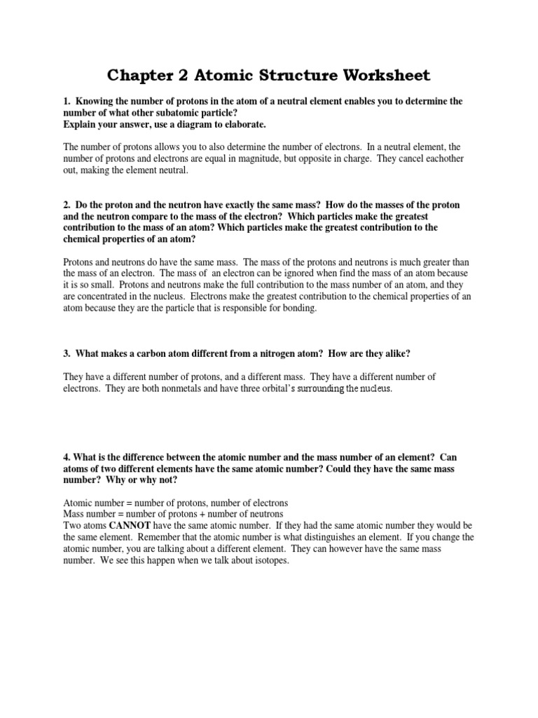 Atomic Structure Worksheet 2 Answer Key