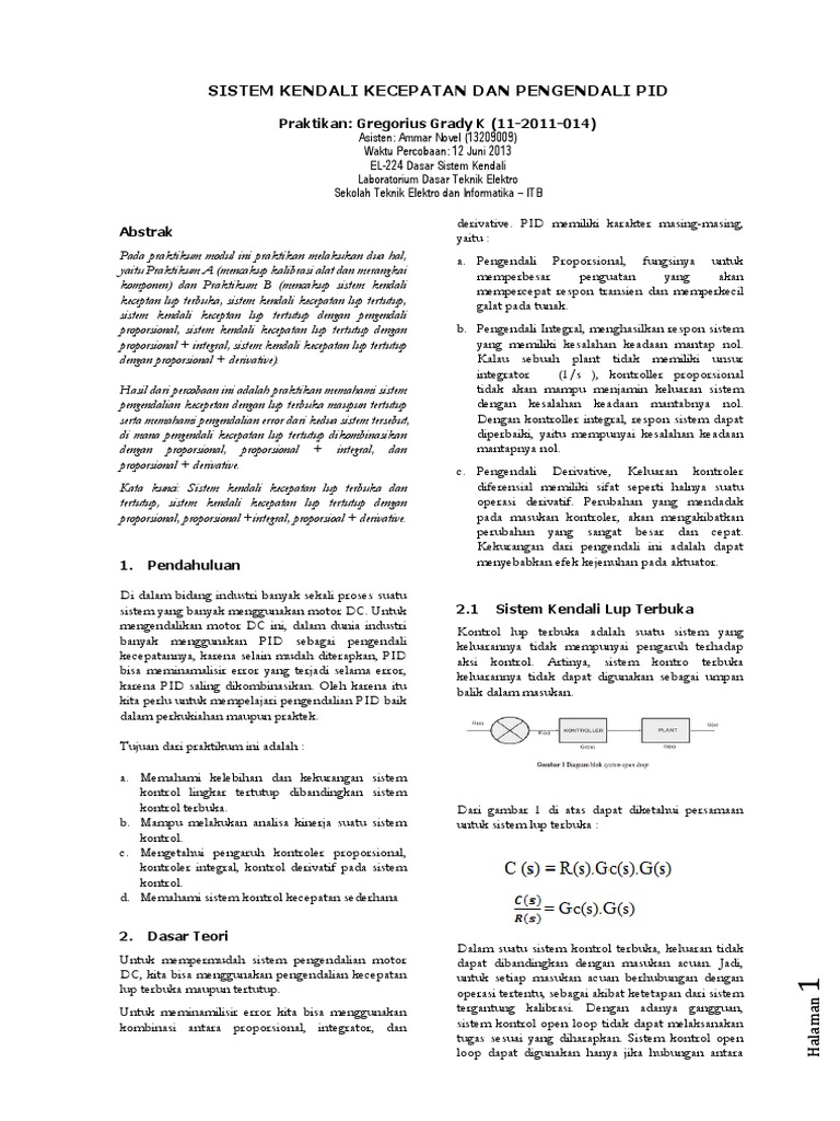 Sistem Kendali Kecepatan Dan Pengendali PID | PDF