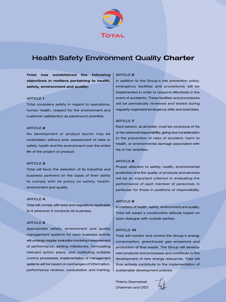 Total's HSEQ Charter and Objectives | PDF | Safety | Natural Environment