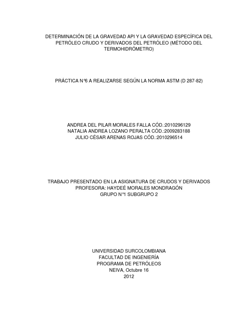 Determinación de La Gravedad API y La Gravedad Específica Del Petróleo ...