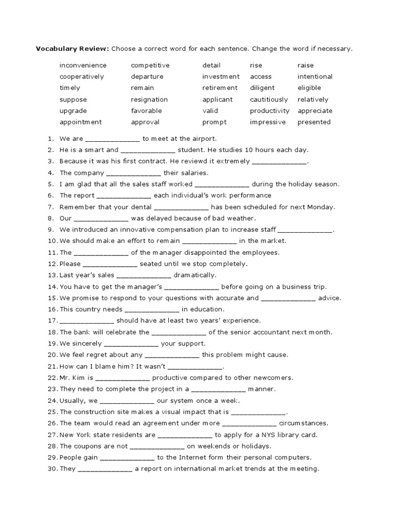 Vocabulary Review: Choose A Correct Word For Each Sentence. Change The ...